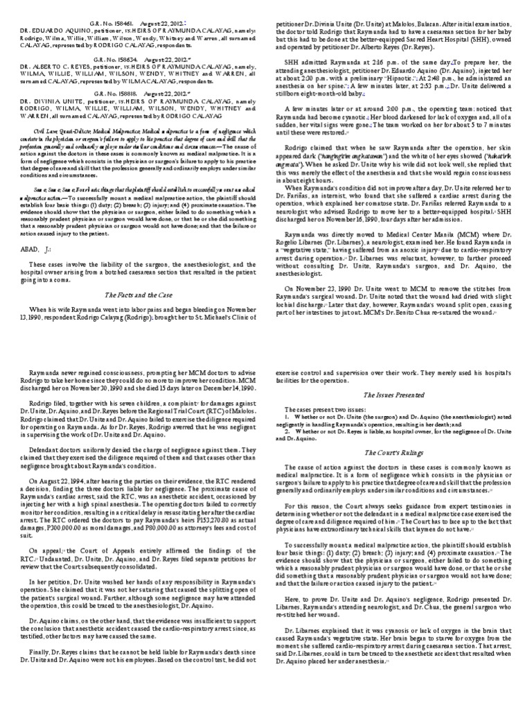 Aquino vs. Calayag Heirs: Malpractice Case | PDF | Negligence | Physician