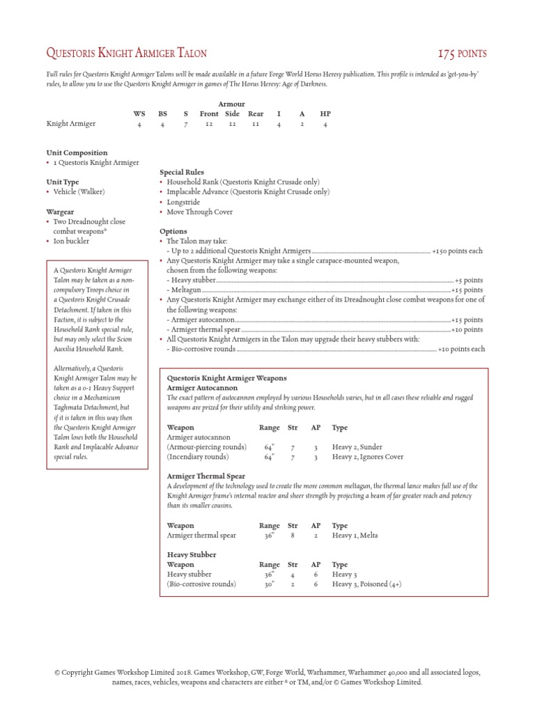 HH Questoris Knight Armiger Talon PDF | PDF | Knight | Military