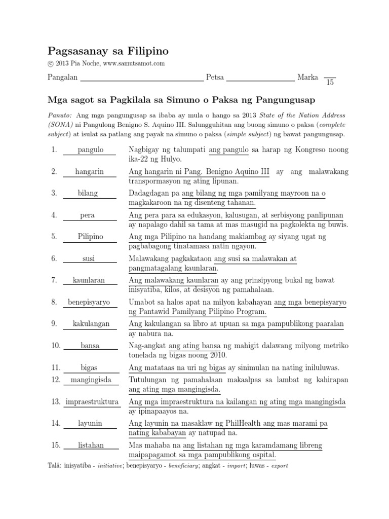 Mga Sagot Sa Pagkilala Sa Simuno o Paksa NG Pangungusap 1 | PDF