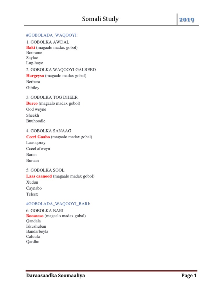 Somali Study: #Gobolada - Waqooyi | PDF