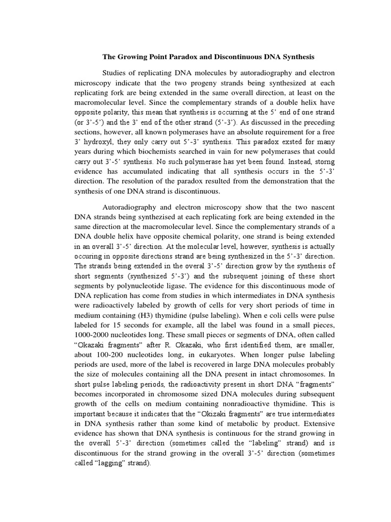 The Growing Point Paradox and Discontinuous DNA Synthesis | PDF | Dna ...