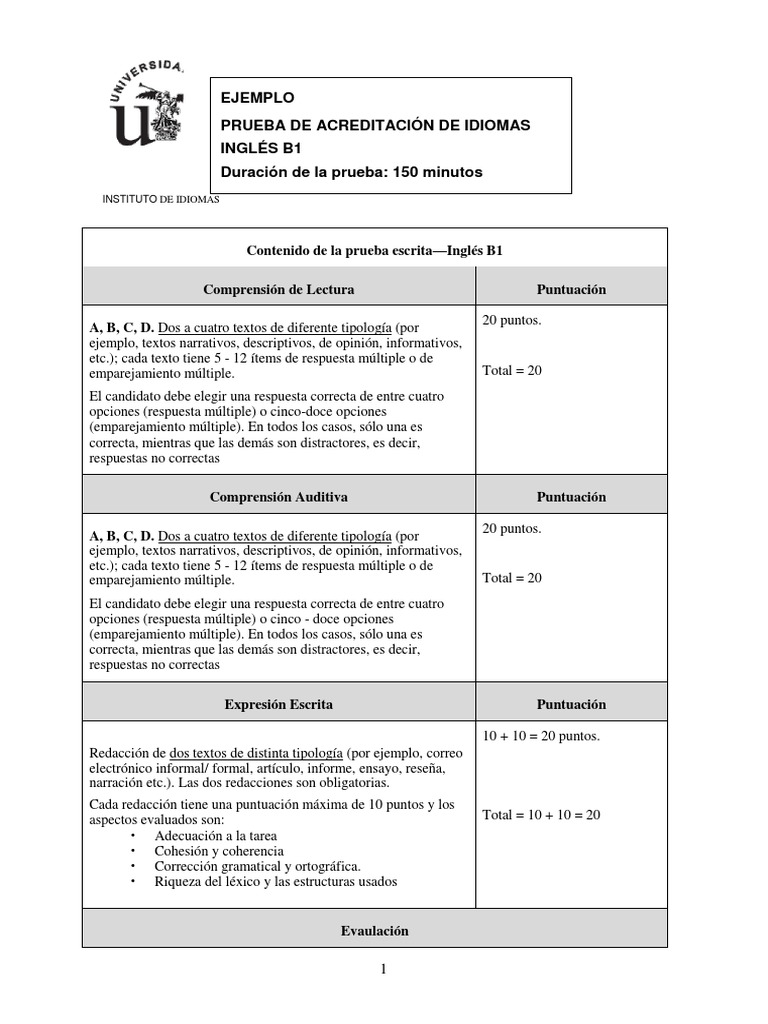 Ejemplo de Prueba Escrita Inglés B1 | PDF