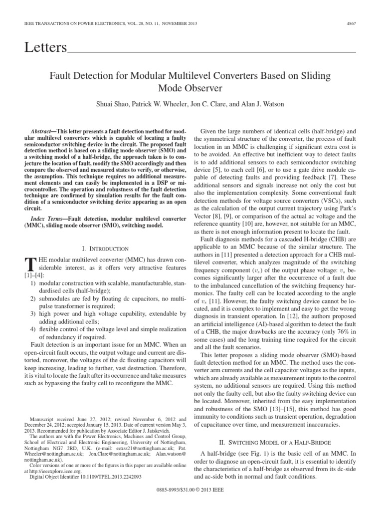 Letters: Fault Detection For Modular Multilevel Converters Based On Sliding Mode Observer | PDF ...