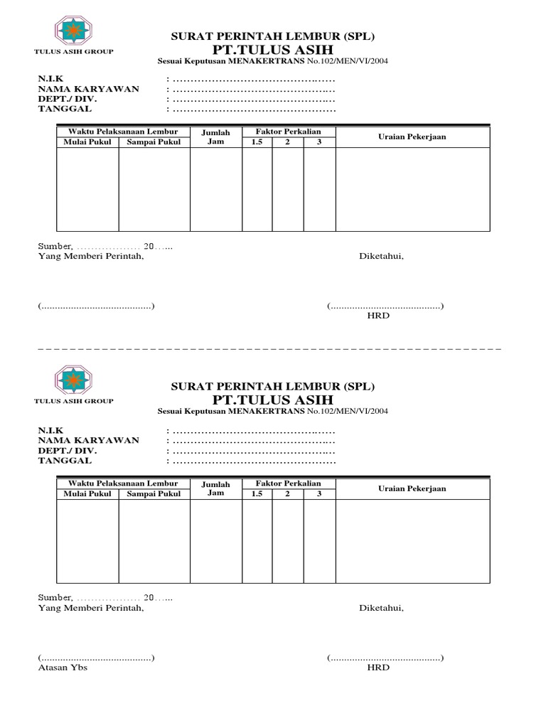 Form SURAT PERINTAH LEMBUR | PDF