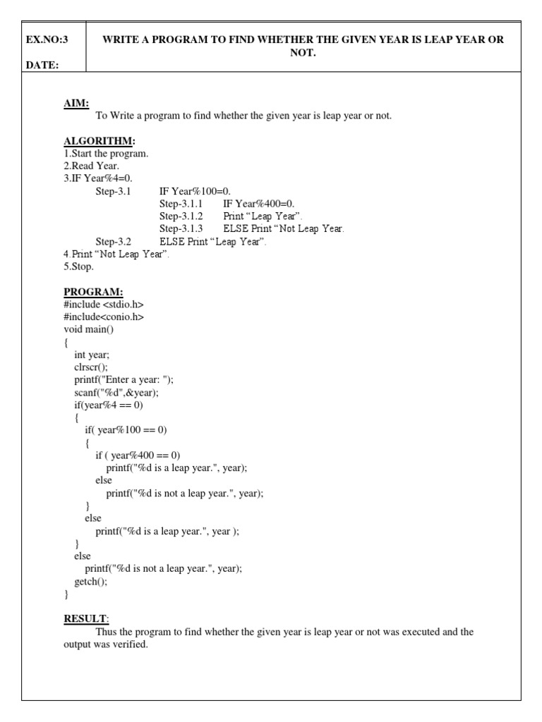 EX - NO:3 Date: Write A Program To Find Whether The Given Year Is Leap Year or Not | Download ...