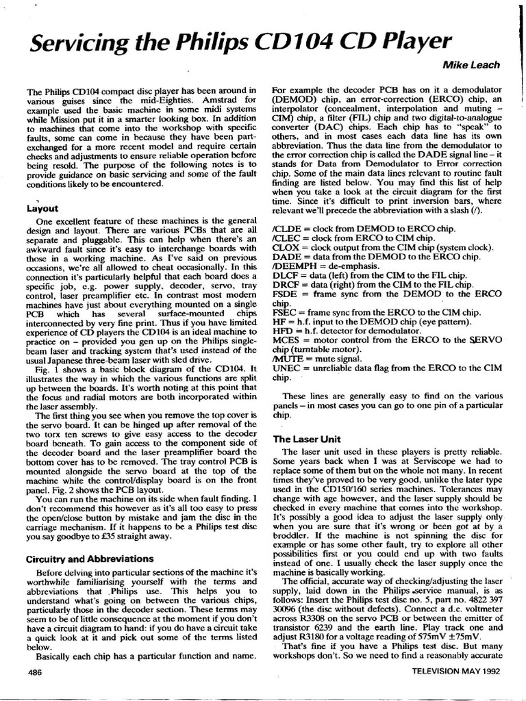 Servicing The Philips CD104 CD Player PDF | PDF