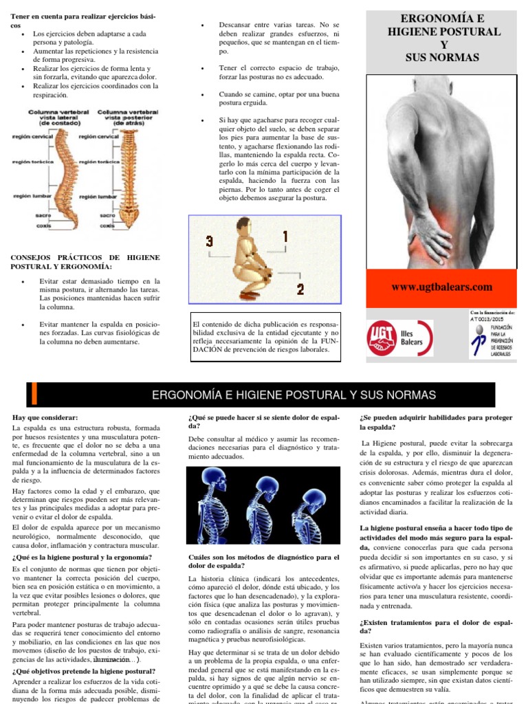 Tríptico Ergonomía e Higiene Postural y Sus Normas | PDF | Dolor lumbar | Factores humanos y ...
