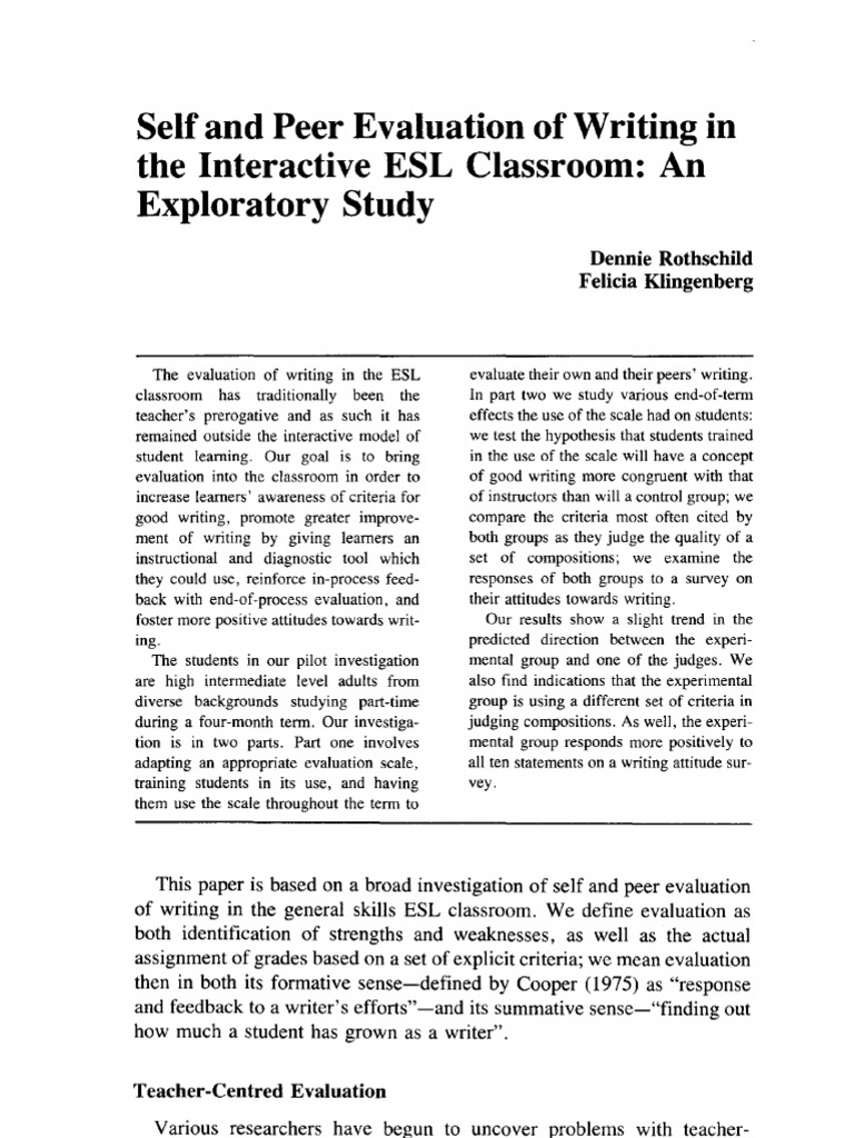 Self and Peer Evaluation of Writing in The Interactive ESL Classroom ...