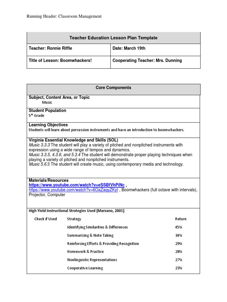 Teacher Education Lesson Plan Template: Running Header: Classroom ...
