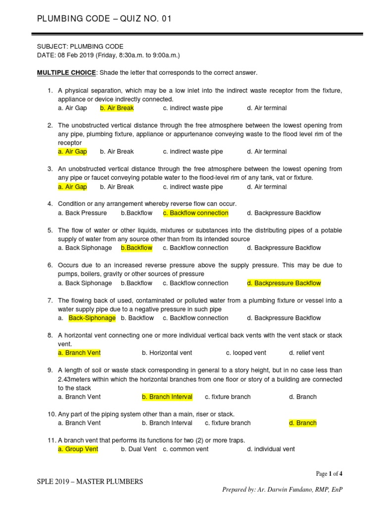 Plumbing Code Quiz for Master Plumbers | PDF | Plumbing | Hydraulic ...