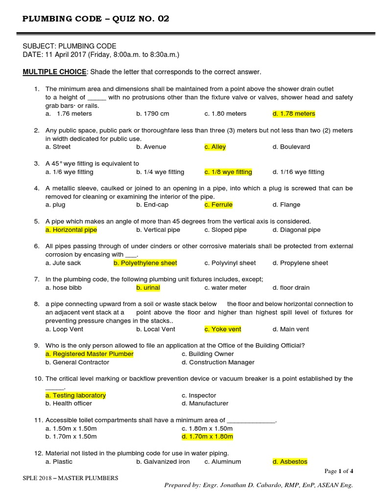 Sple Plumbing Code No 02 Answer Key Pdf Plumbing Sanitary Sewer