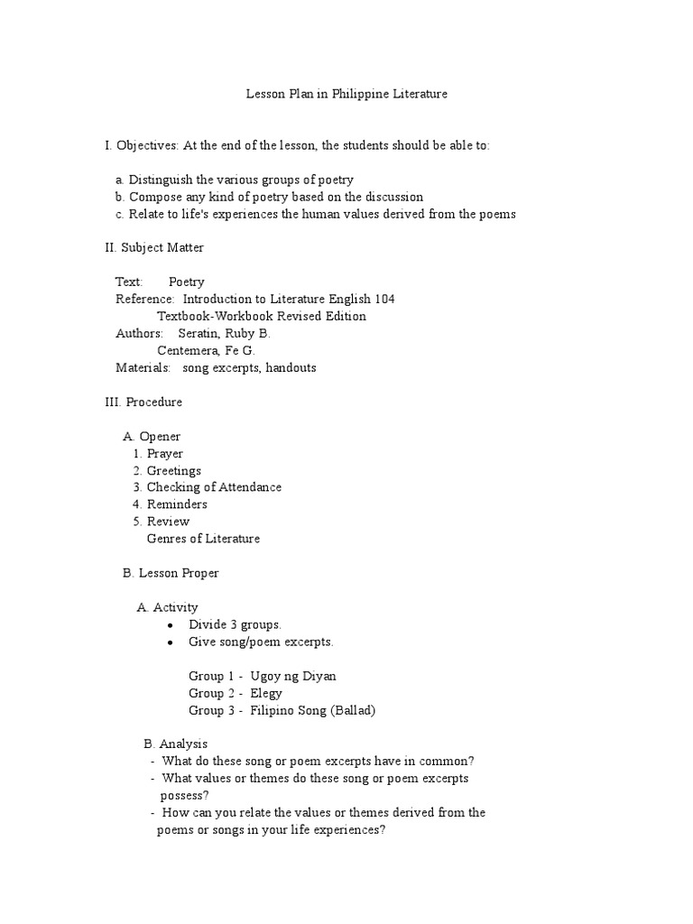 Lesson Plan in Phil Literature | PDF | Poetry | Narrative