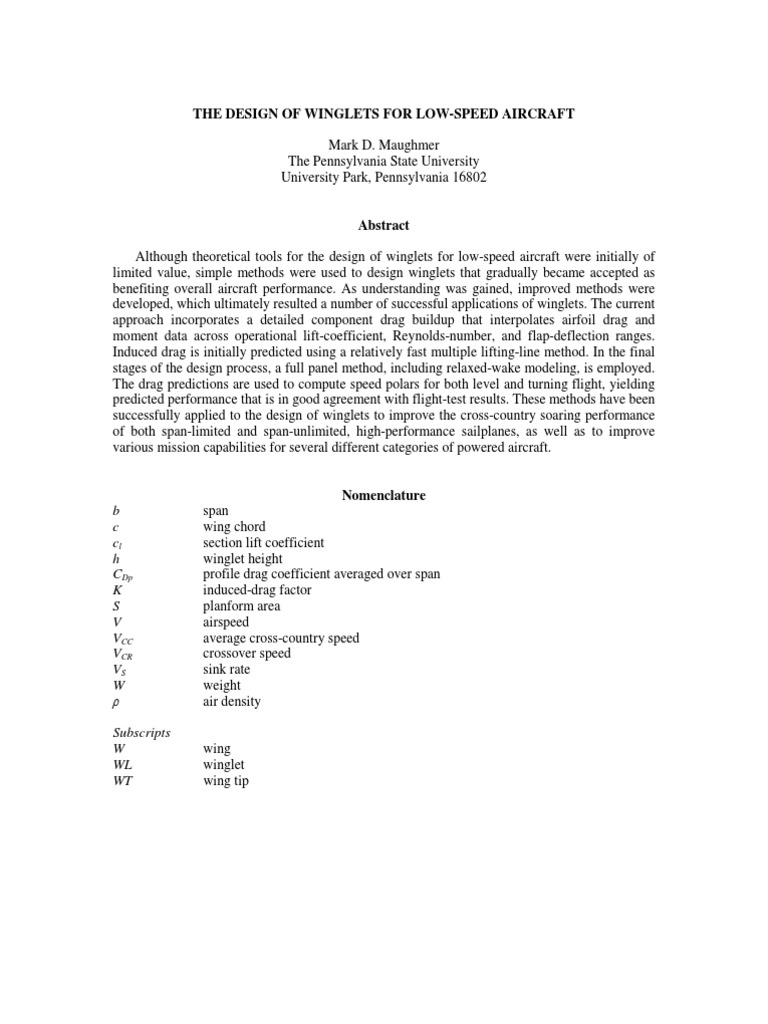 The Design of Winglets For Low-Speed Aircraft | PDF | Lift (Force ...