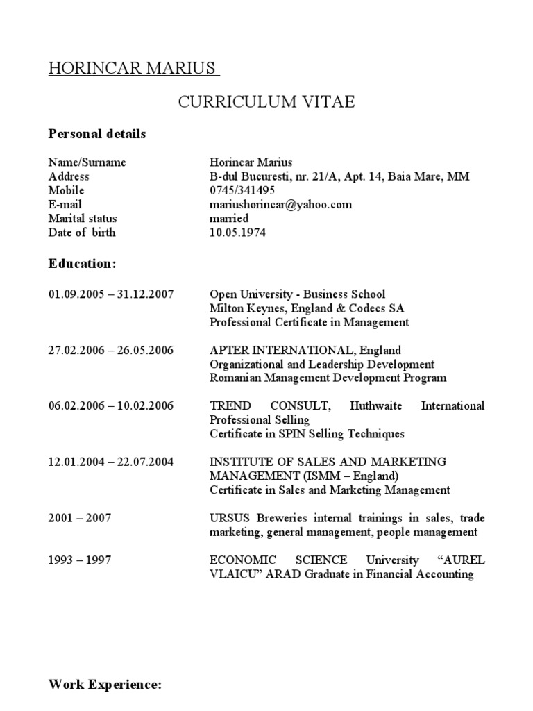 CV Marius Horincar 2010 | PDF | Sales | Supply Chain