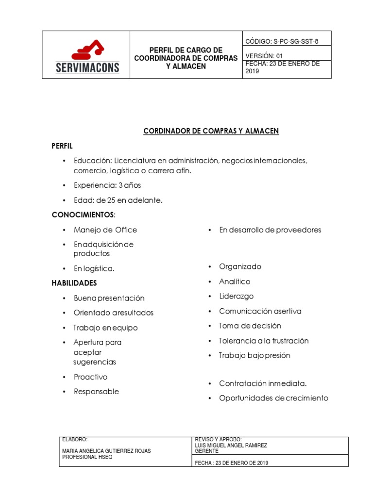 Perfil de Cargo de Coordinadora de Compras y Almacen | Logística ...