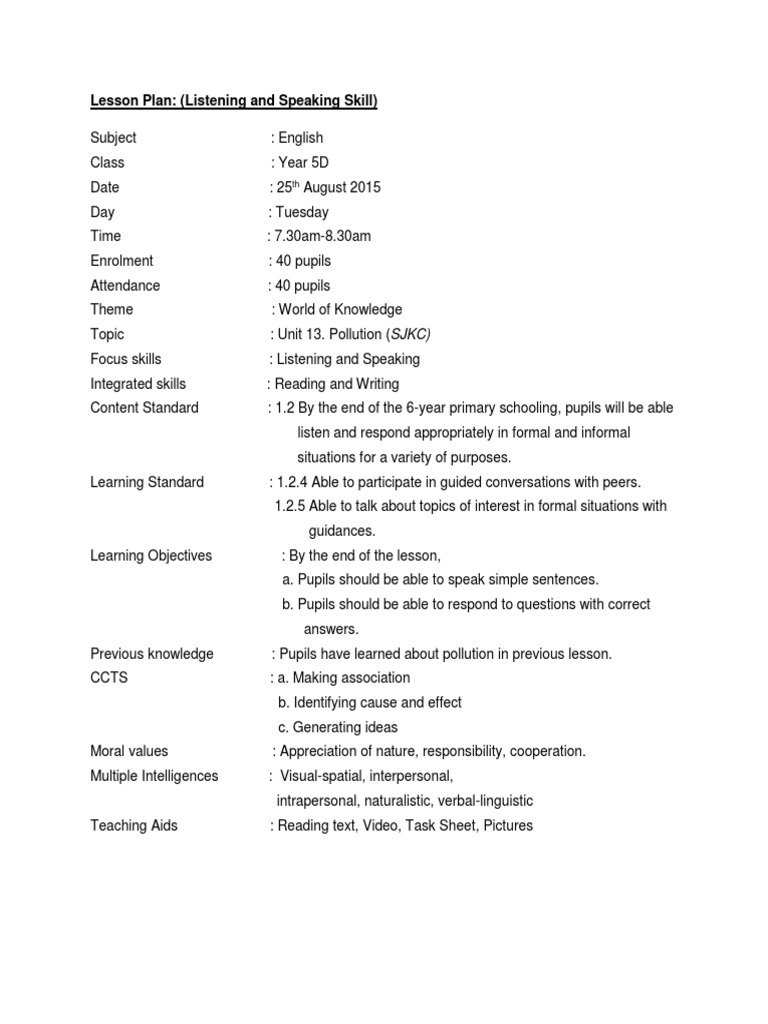 Lesson Plan: (Listening and Speaking Skill) | PDF | Teachers | Lesson Plan