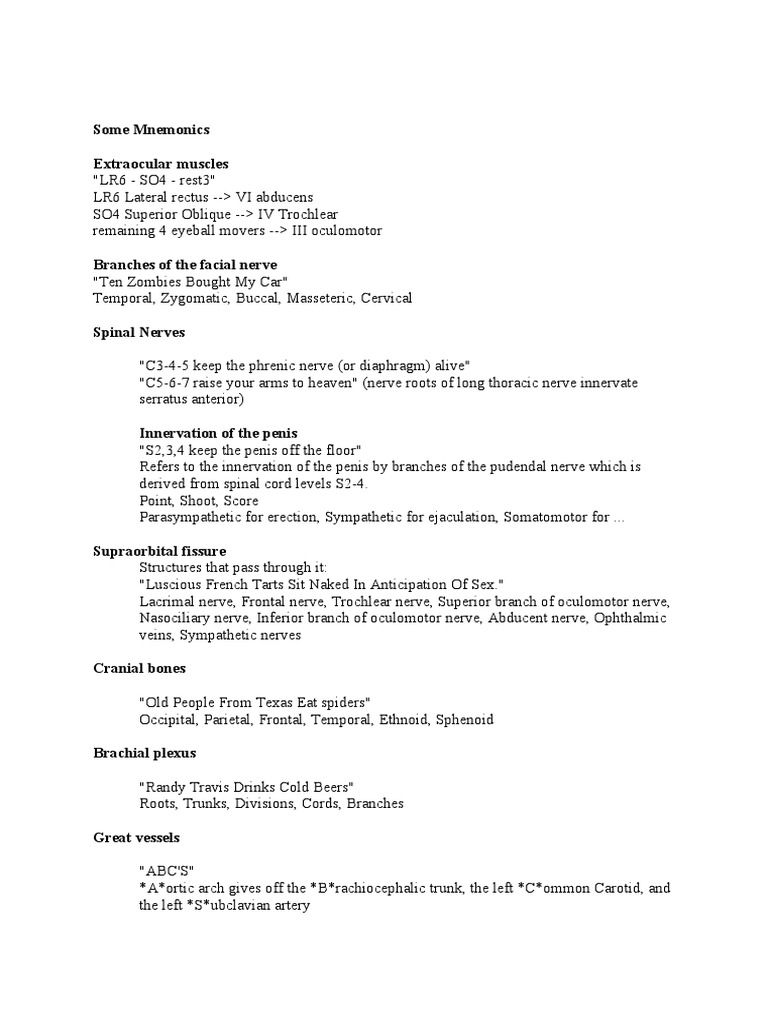 Anatomy Mnemonics | PDF | Human Anatomy | Limbs (Anatomy)