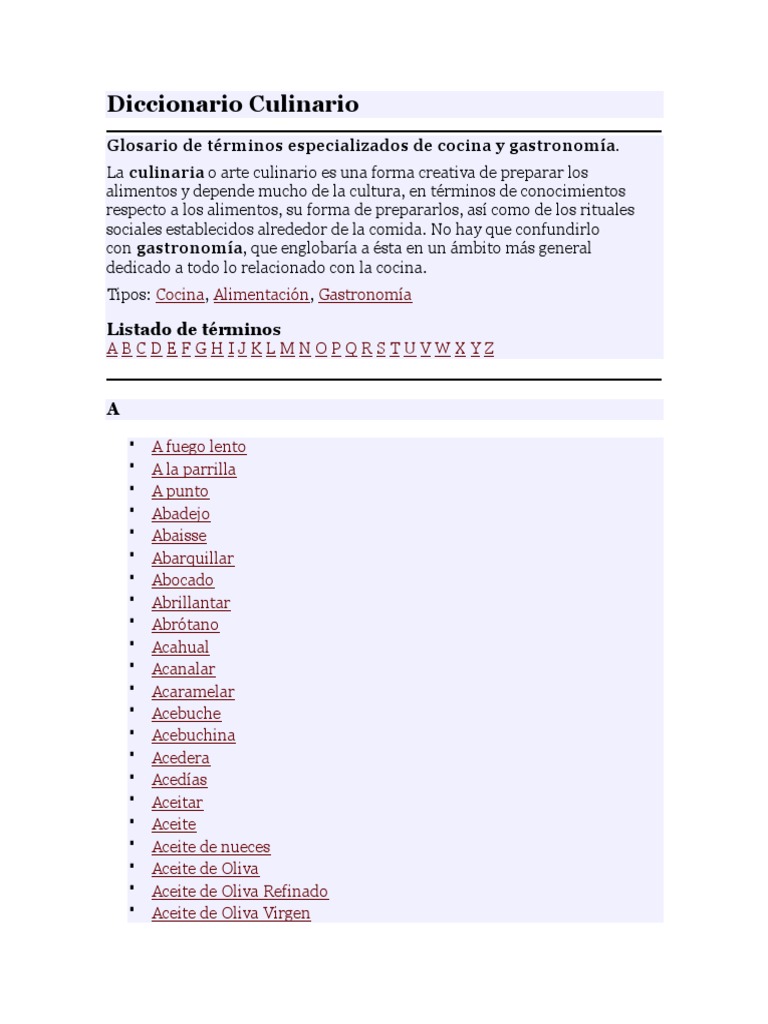 Diccionario Culinario: Glosario de términos especializados de cocina y ...