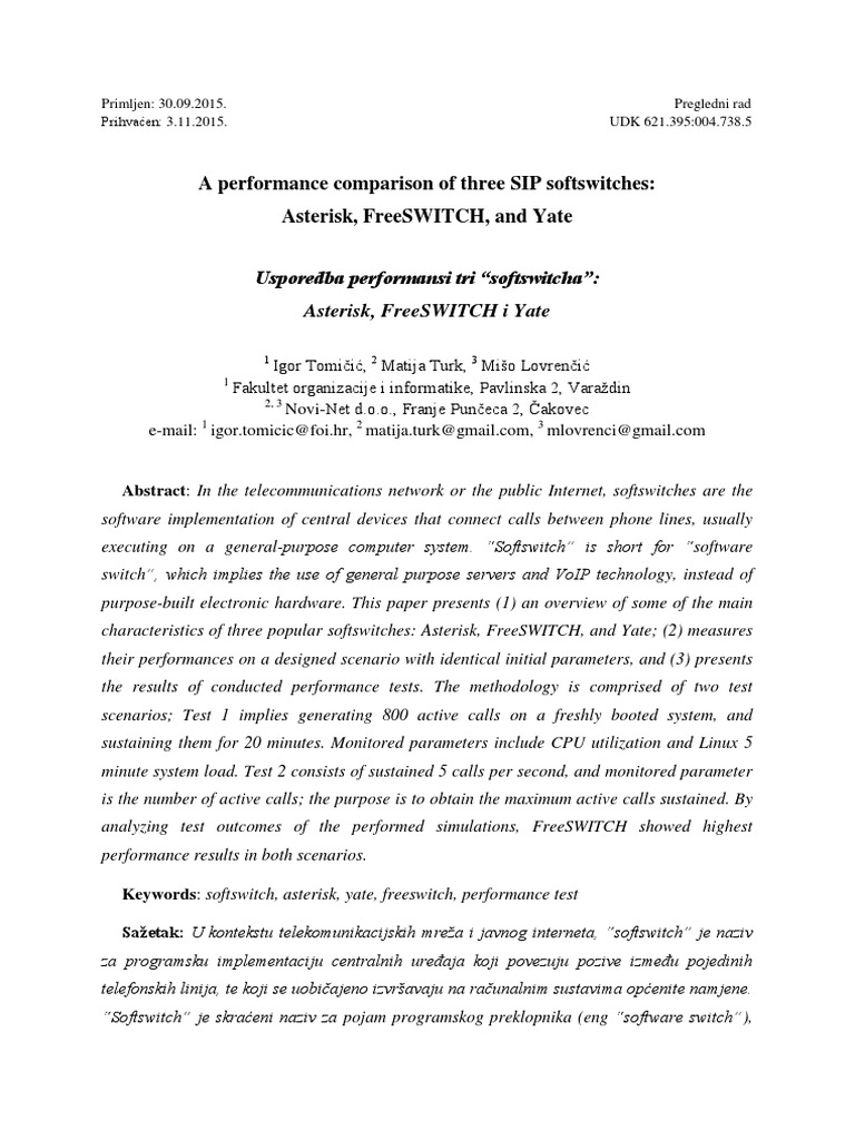 A Performance Comparison of Three Sip Softswitches: Asterisk, Freeswitch, and Yate | PDF | Voice ...
