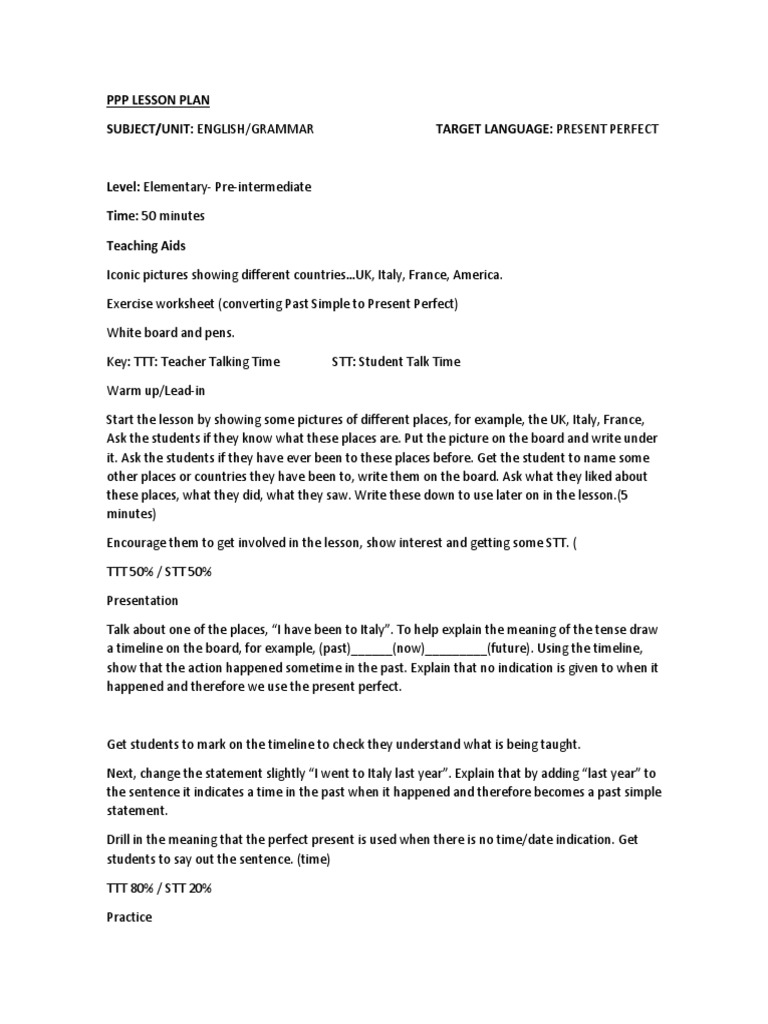 PPP Lesson Plan Subject/Unit: English/Grammar Target Language: Present ...