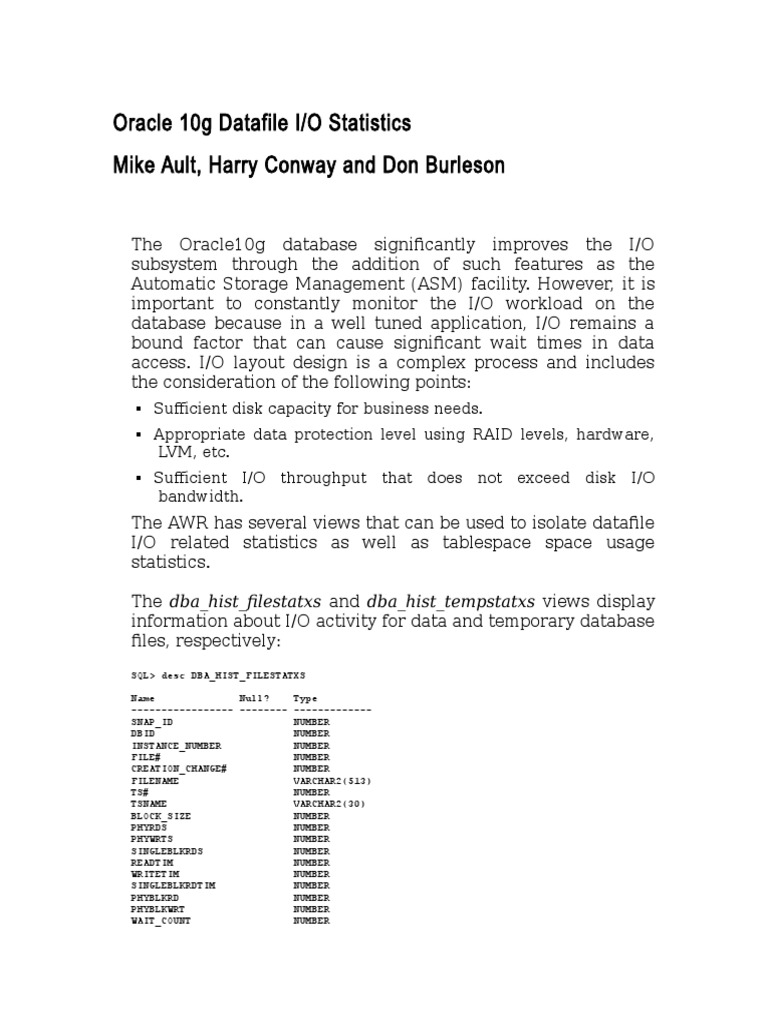Oracle 10g Datafile I/O Statistics Mike Ault, Harry Conway and Don Burleson | PDF | Databases ...