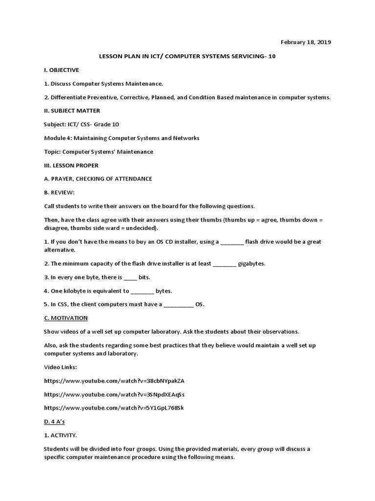 Lesson Plan in Ict/ Computer Systems Servicing-10: I. Objective | PDF ...