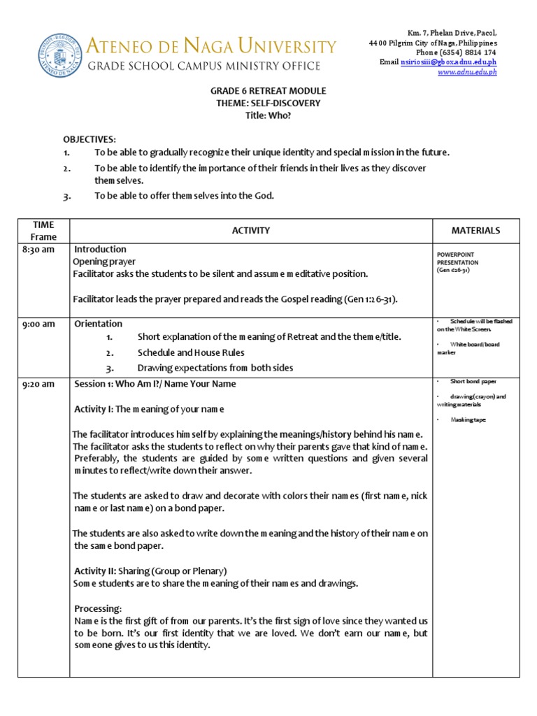 Grade 6 Retreat: Self-Discovery Module | PDF | Eucharist | Religious ...