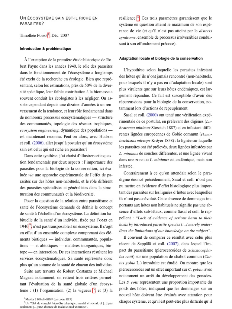 Rôle des parasites dans l'écosystème | PDF | Biodiversité | Parasitisme