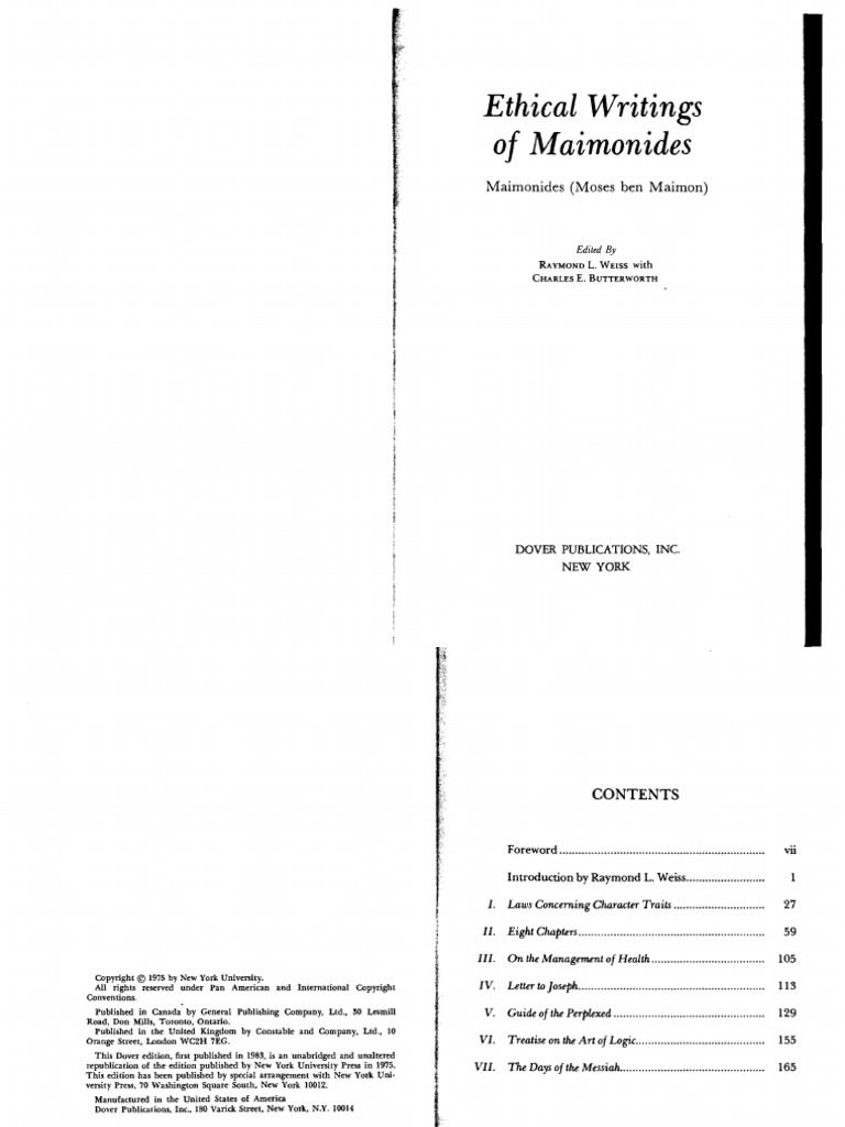 Ethical Writings of Maimonides: Maimonides (Moses Ben Maimon) | PDF ...
