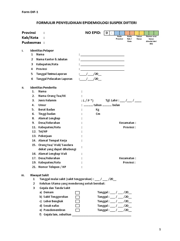 Form DIF-1 - Formulir Penyelidikan Epidemiologi Difteri PDF | PDF