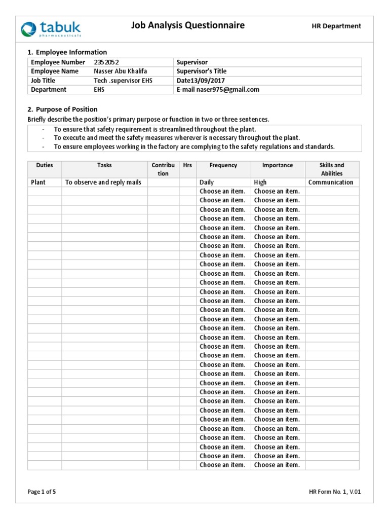 Job Analysis Questionnaire: HR Department | PDF | Performance Appraisal ...