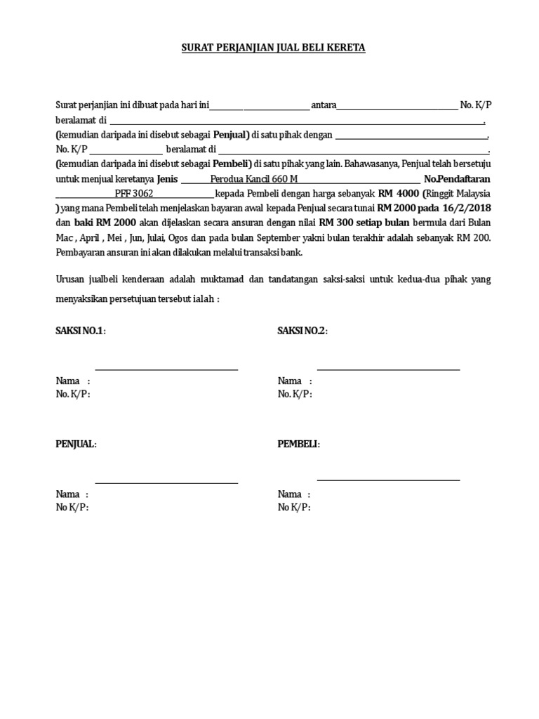 Surat Perjanjian Jual Beli Kereta Perodua | PDF | Hukum