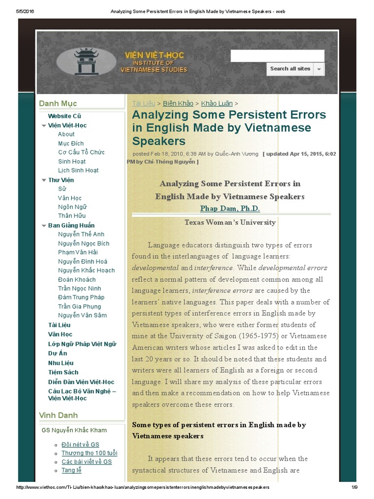Analyzing Some Persistent Errors in English Made by Vietnamese Speakers - Web | PDF | Second ...