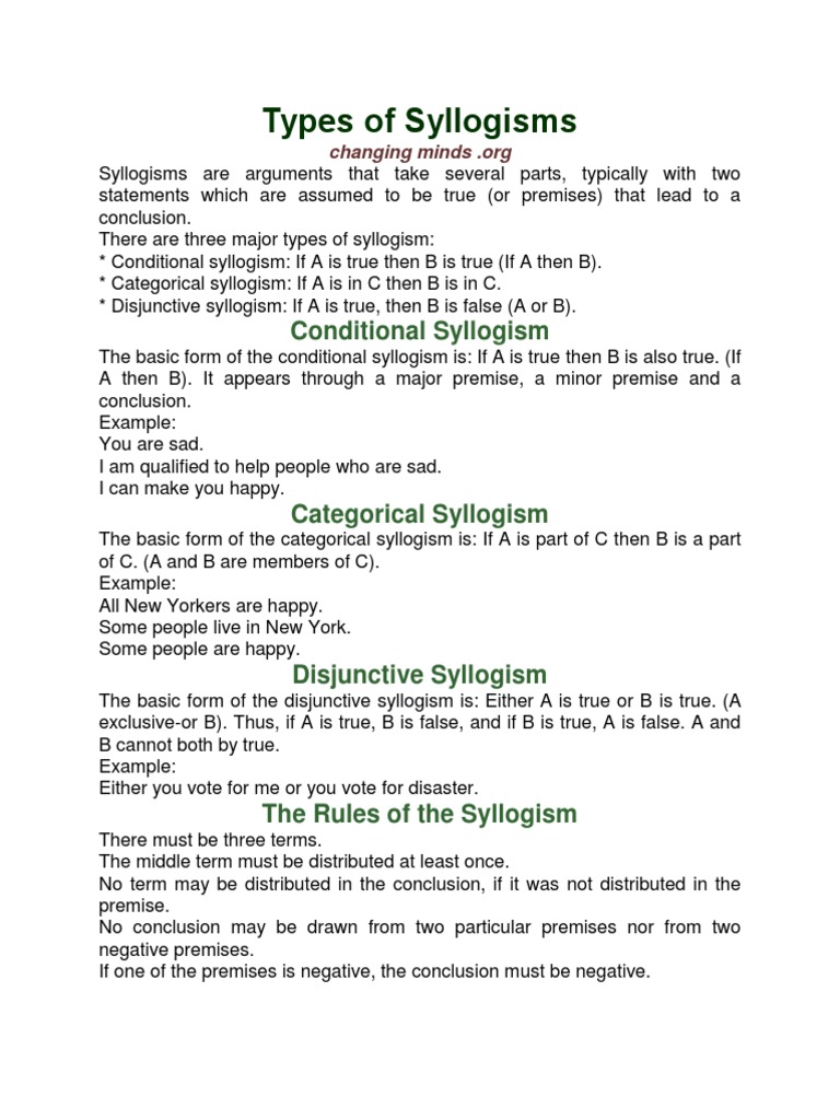 Types of Syllogisms: Conditional Syllogism | PDF | Logical Consequence ...