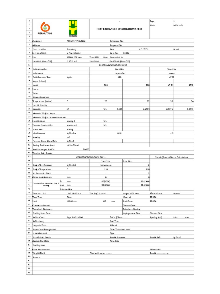 Heat Exchanger Specification Sheet | PDF | Heat Exchanger | Heat Transfer