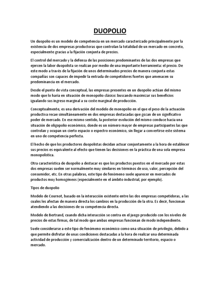 Duopolio: Control de Mercado y Precios | PDF | Monopolio | Mercado ...
