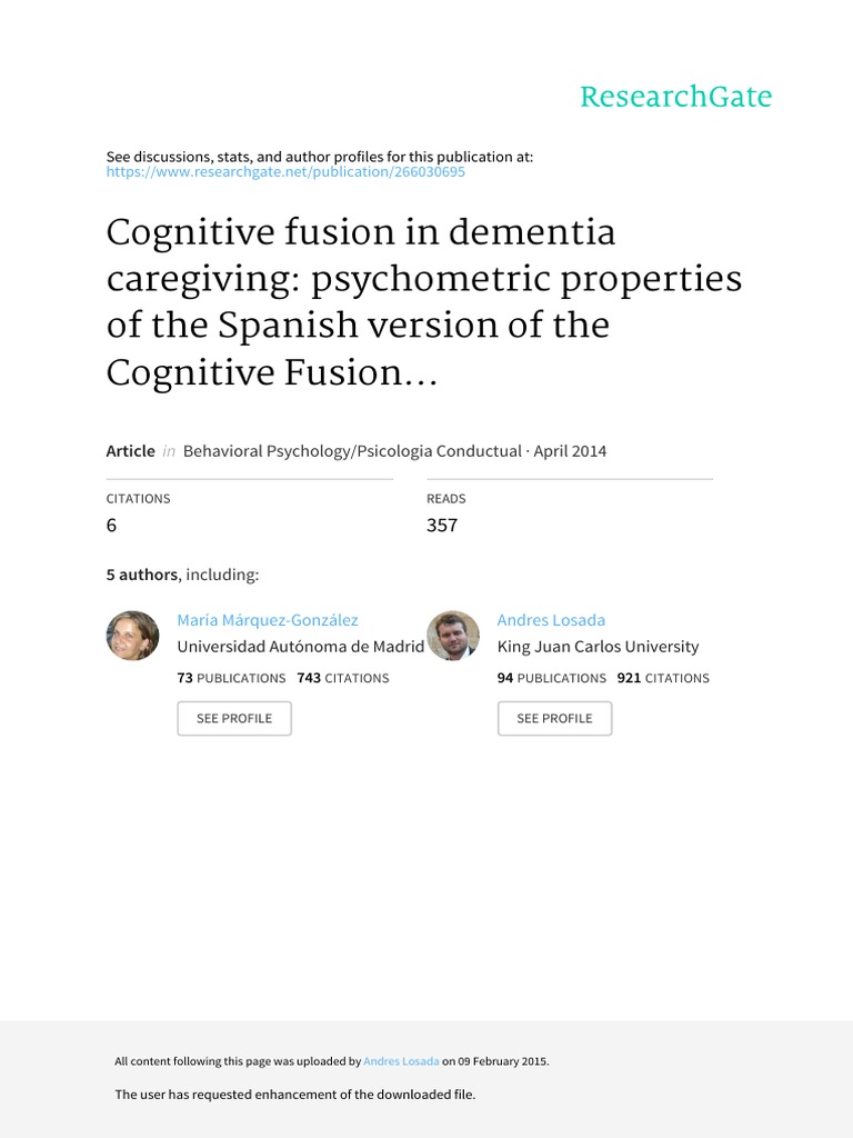 2014 Cognitive Fusion | PDF | Cognitive Behavioral Therapy | Thought