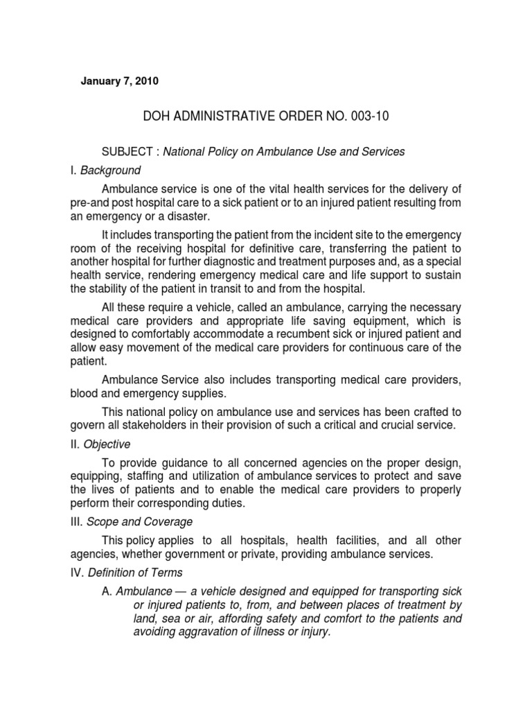 Doh Administrative Order No. 003-10 | PDF | Emergency Medical Services ...