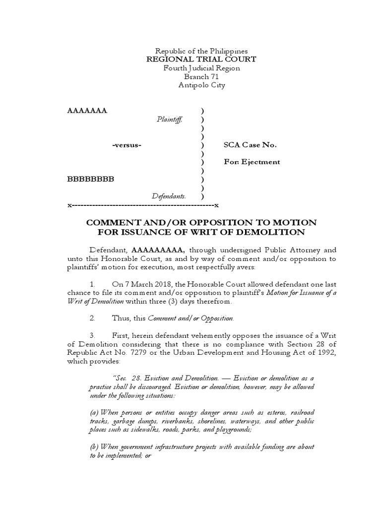 Regional Trial Court: Comment And/Or Opposition To Motion For Issuance ...
