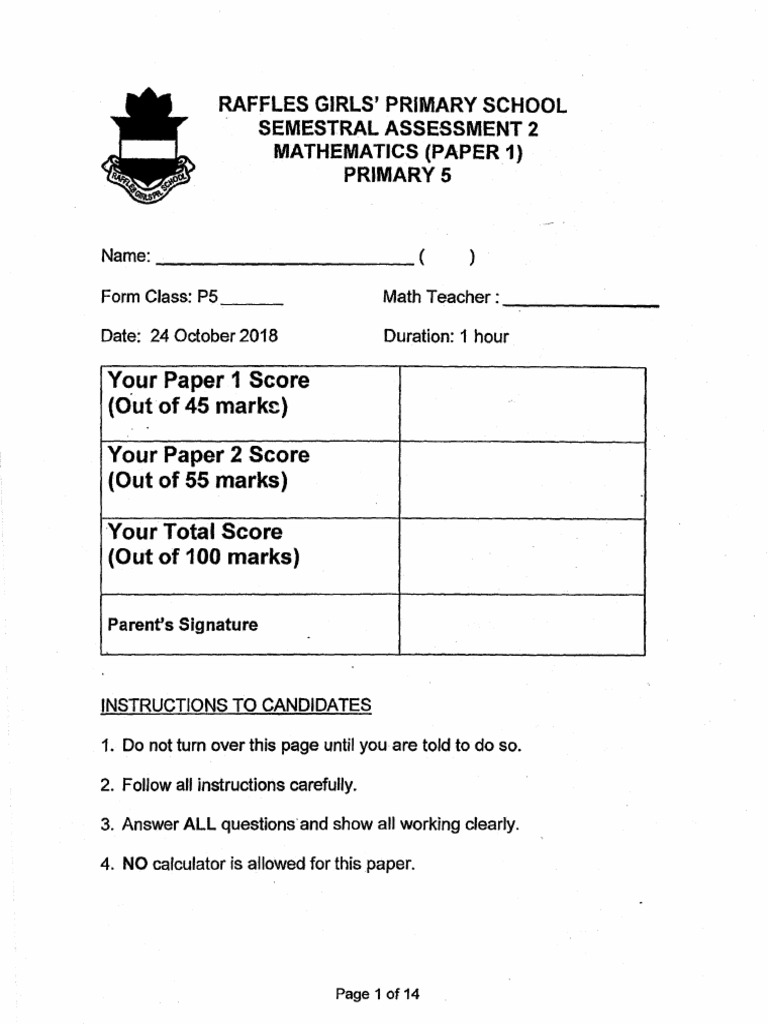 P5 Maths SA2 2018 Raffles Exam Papers | PDF