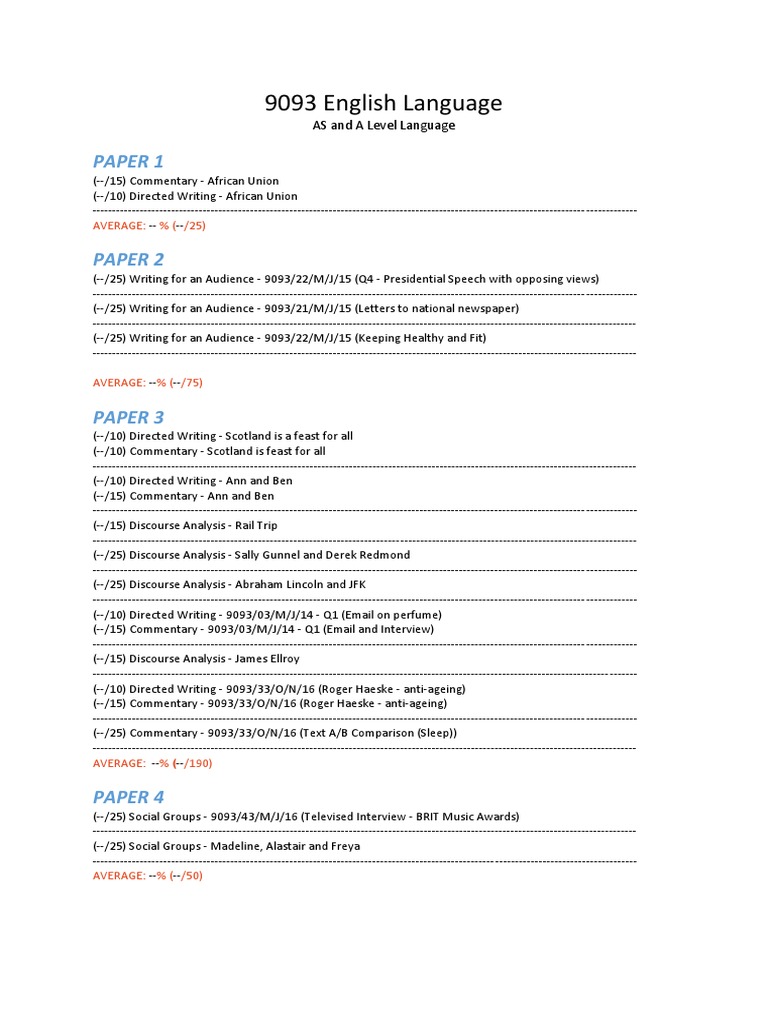 9093 English Language - Progress Tracker | PDF | Linguistics | Human ...