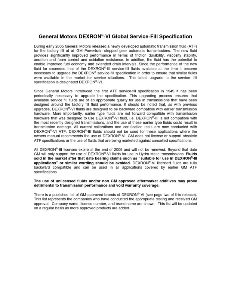 General Motors DEXRON - VI Global Service-Fill Specification | PDF ...