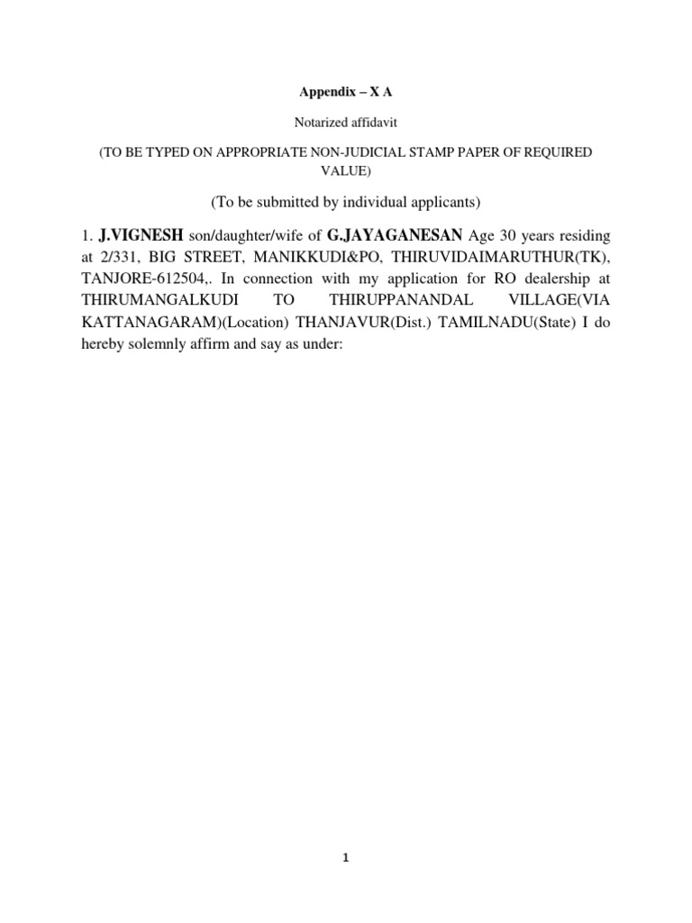 Notarized Affidavit (To Be Typed On Appropriate Non-Judicial Stamp ...