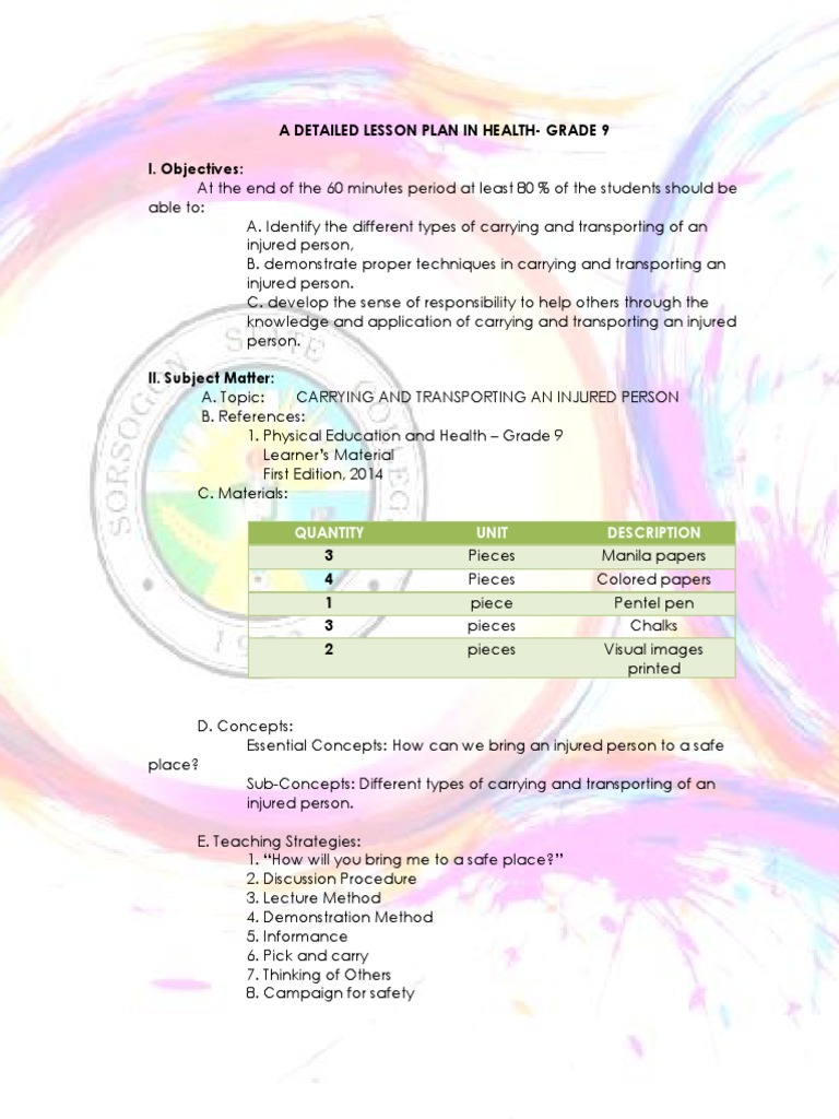 A Detailed Lesson Plan in Health-Grade 9 I. Objectives:: Quantity Unit ...