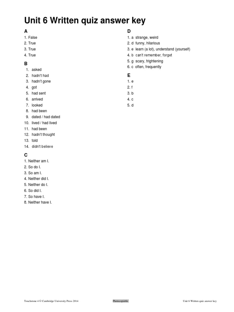 Unit 6 Written Quiz Answer Key | PDF