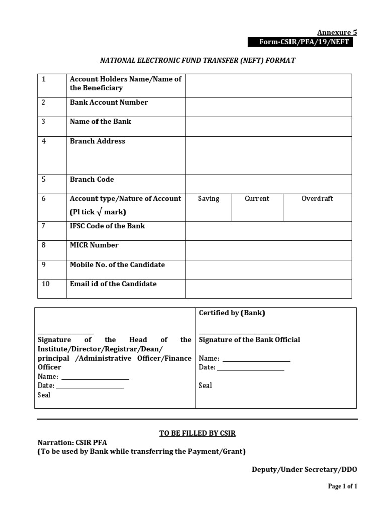 National Electronic Fund Transfer (Neft) Format: Form-CSIR/PFA/19/NEFT ...