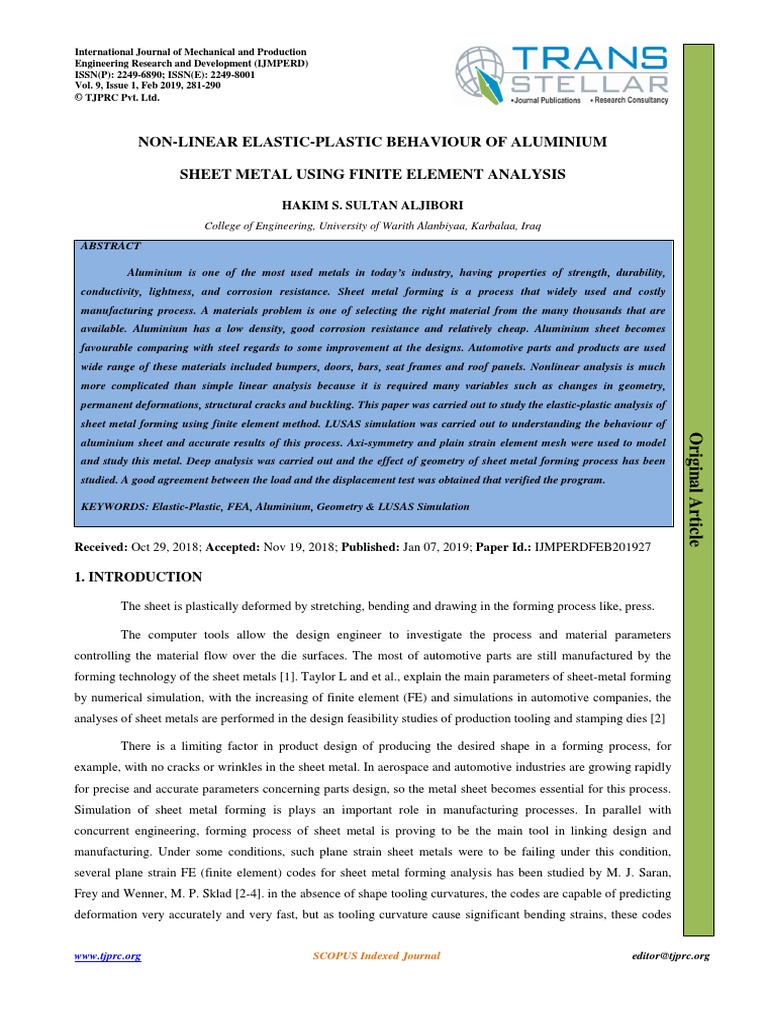 Non-Linear Elastic-Plastic Behaviour of Aluminium Sheet Metal Using Finite Element Analysis ...