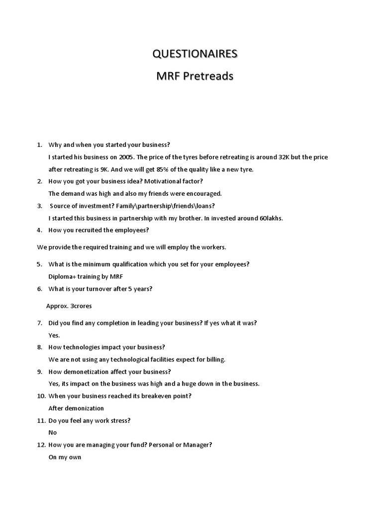 Questionaires MRF Pretreads | PDF