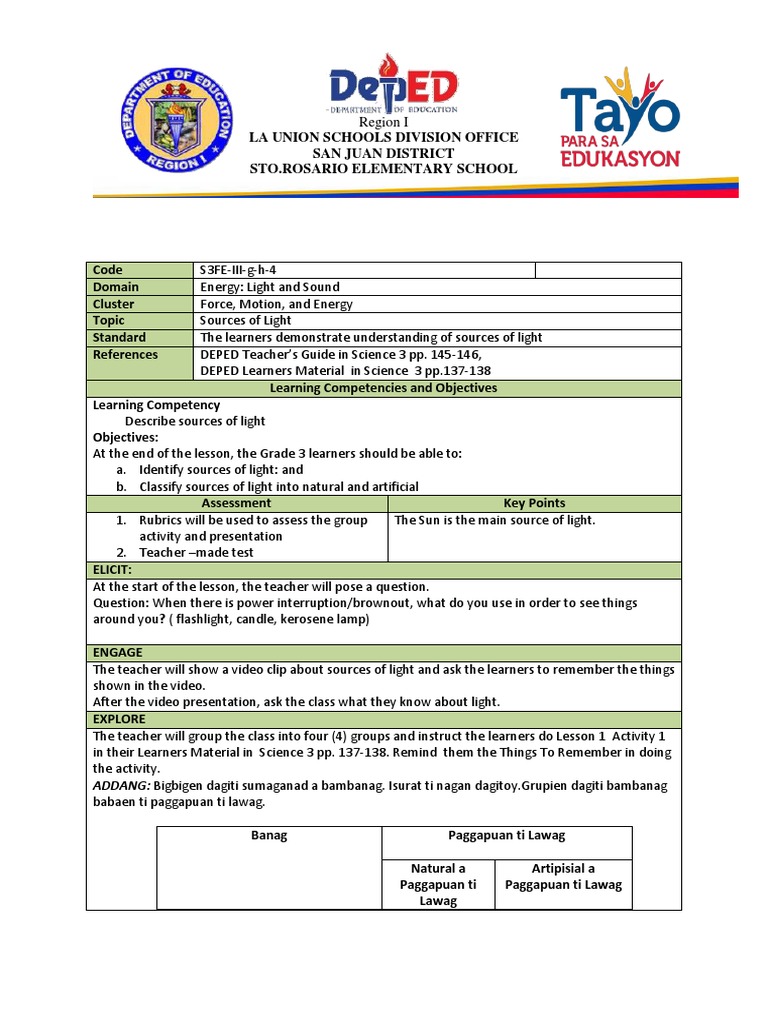 Grade 3 Science Lesson: Sources of Light | PDF | Lesson Plan | Light