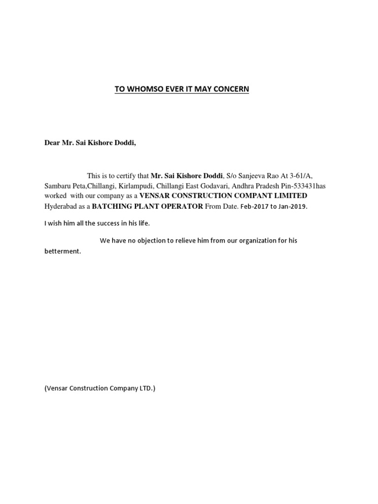 EXPERIENCE LETTER Construction | PDF